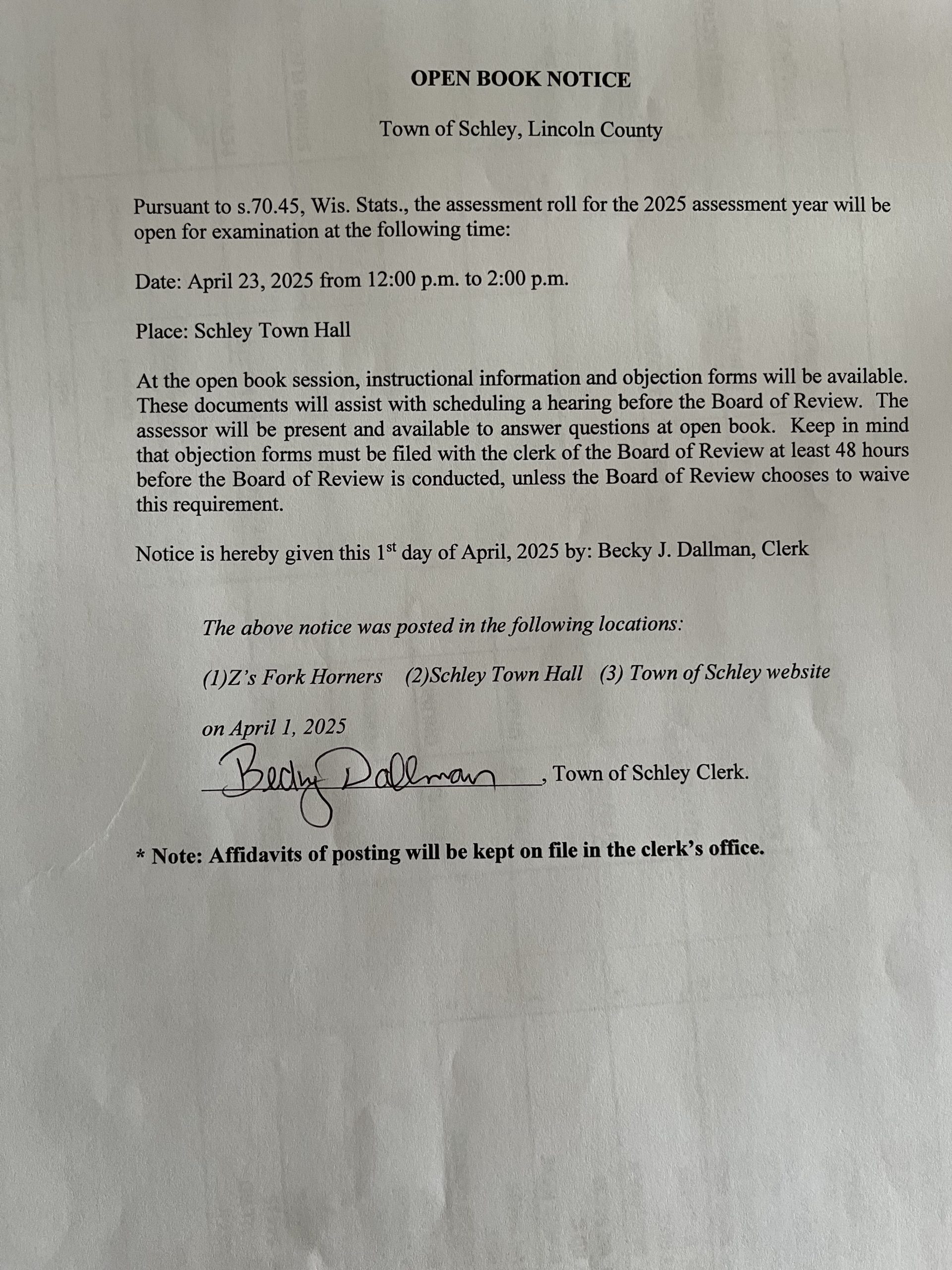 Open Book Notice 2025 – Town of Schley, Lincoln County, Wisconsin